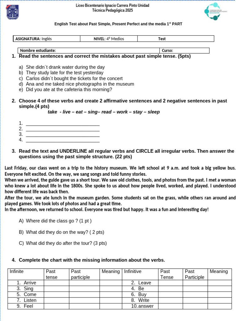 Evaluation 4th Grade | PDF | Perfect (Grammar) | Syntax