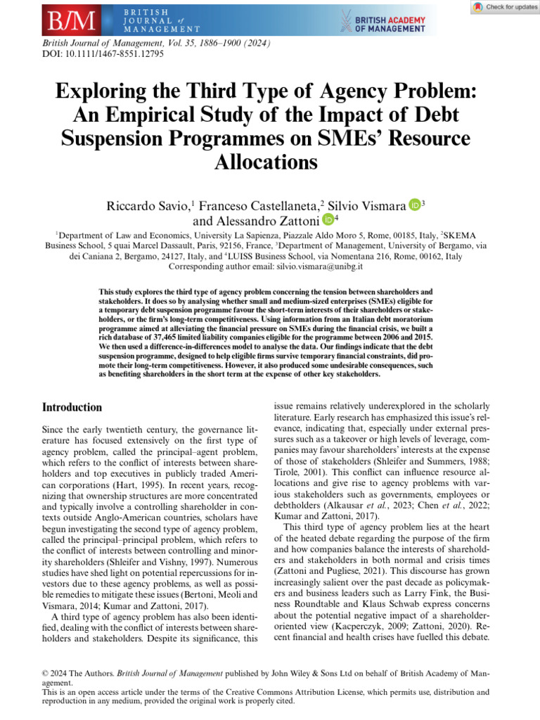 British J of Management - 2024 - Savio - Exploring The Third Type of Agency Problem An Empirical ...