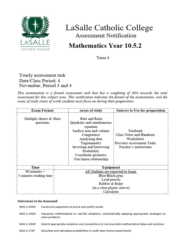 Year 10 Math Exam Notification | PDF | Equations | Shape