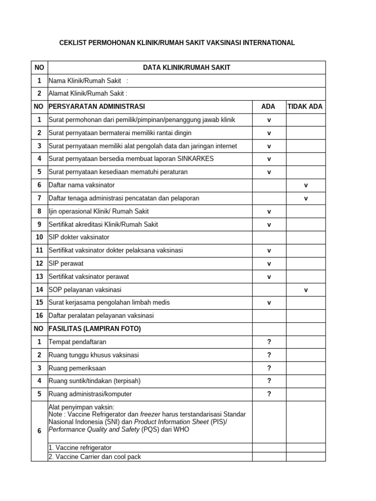 FORM CHECLIST RS DAN KLINIK | PDF