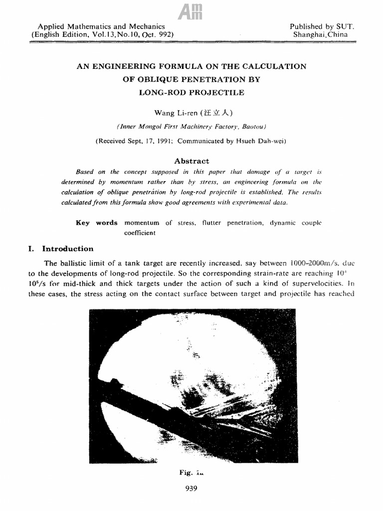 An Engineering Formula On The Calculation of Oblique Penetration by Long-Rod Projectile | PDF ...
