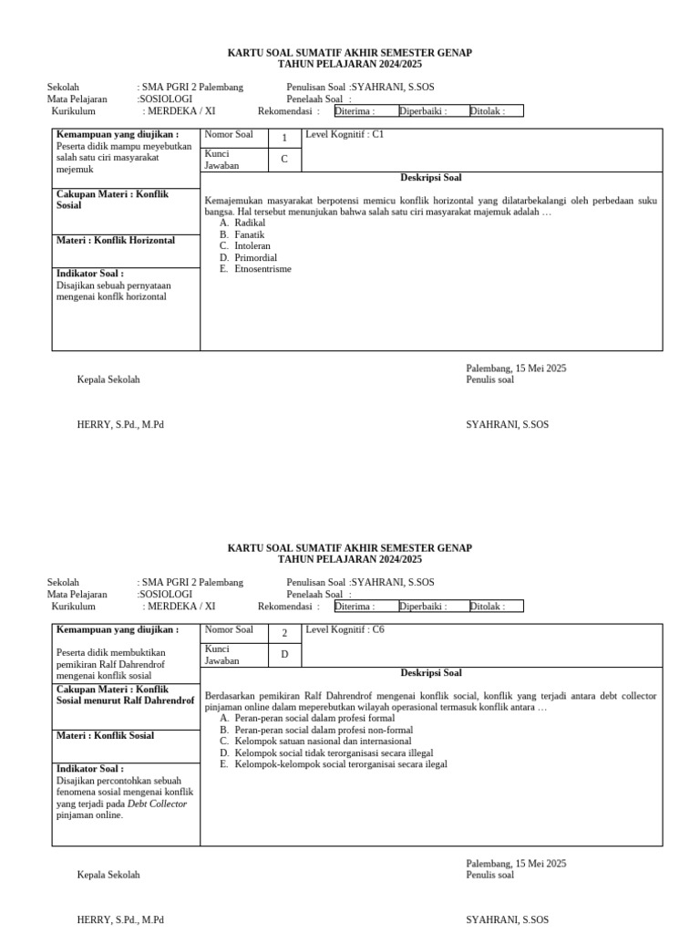KARTU SOAL SAS SOS GEN PILGAN KOMPLEKS_Syahrani | PDF