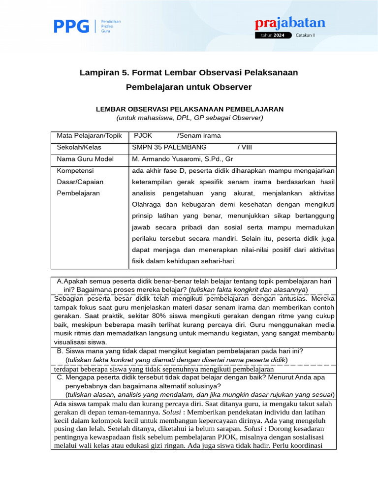 01.05.6-B4-5 Unggah Lampiran 5 - Lembar Observasi pembelajaran observer - Siklus 1 | PDF