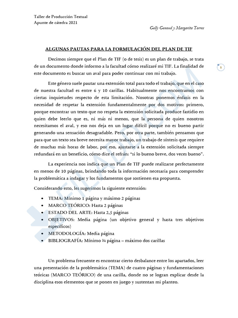 Clase 9 Apunte de Catedra PAUTAS PARA LA ORGANIZACION DEL PLAN DE TIF ...