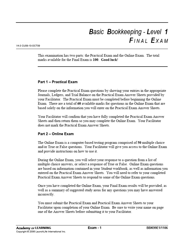Basic Bookkeeping Level 1 Final Exam | PDF | Bookkeeping | Business