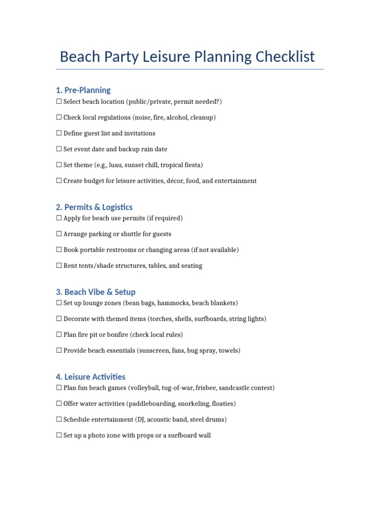 Beach Party Leisure Planning Checklist | PDF