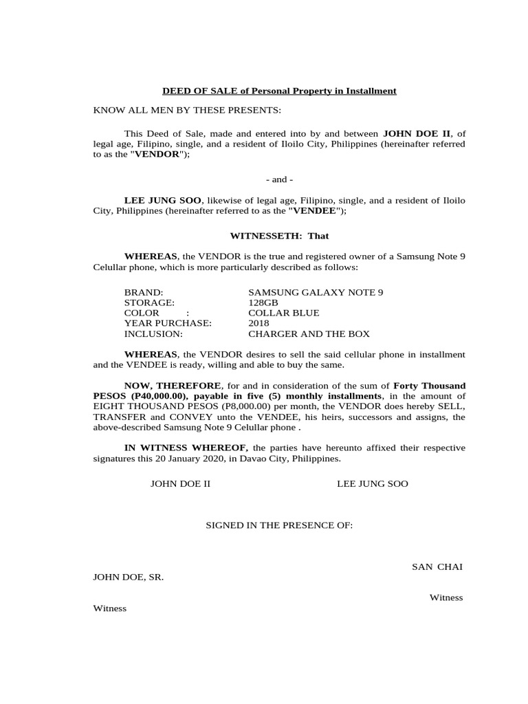 DEED OF SALE PERSONAL PROPERTY in INSTALLMENT | PDF | Samsung | Common Law