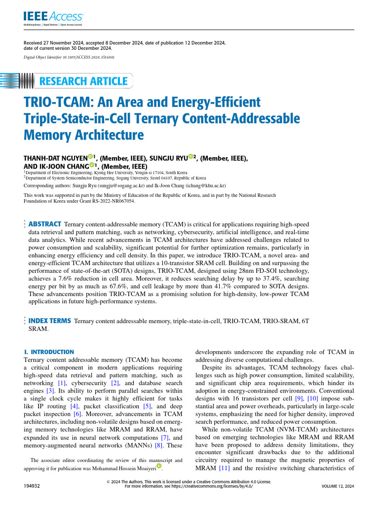 TRIO-TCAM An Area and Energy-Efficient Triple-State-in-Cell Ternary Content-Addressable Memory ...