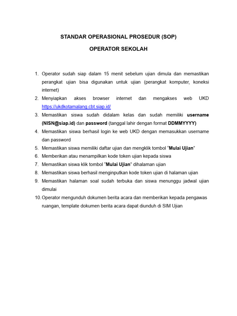 SOP Operator Sekolah Ujian CBT | PDF