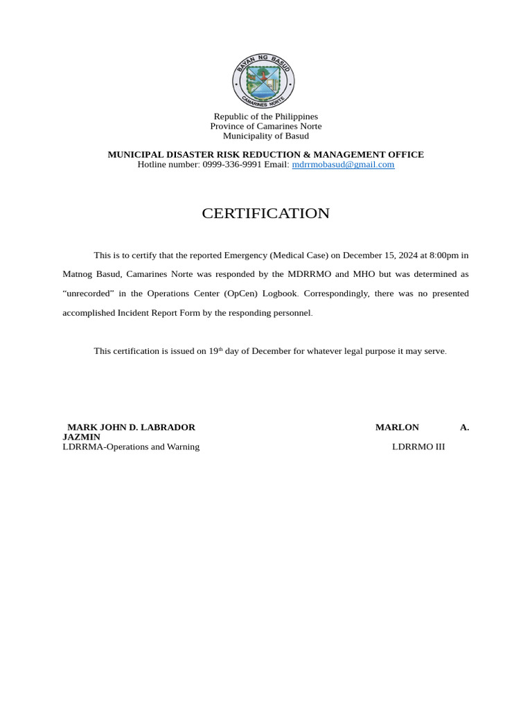 Certification For Complaint | PDF | Medicine