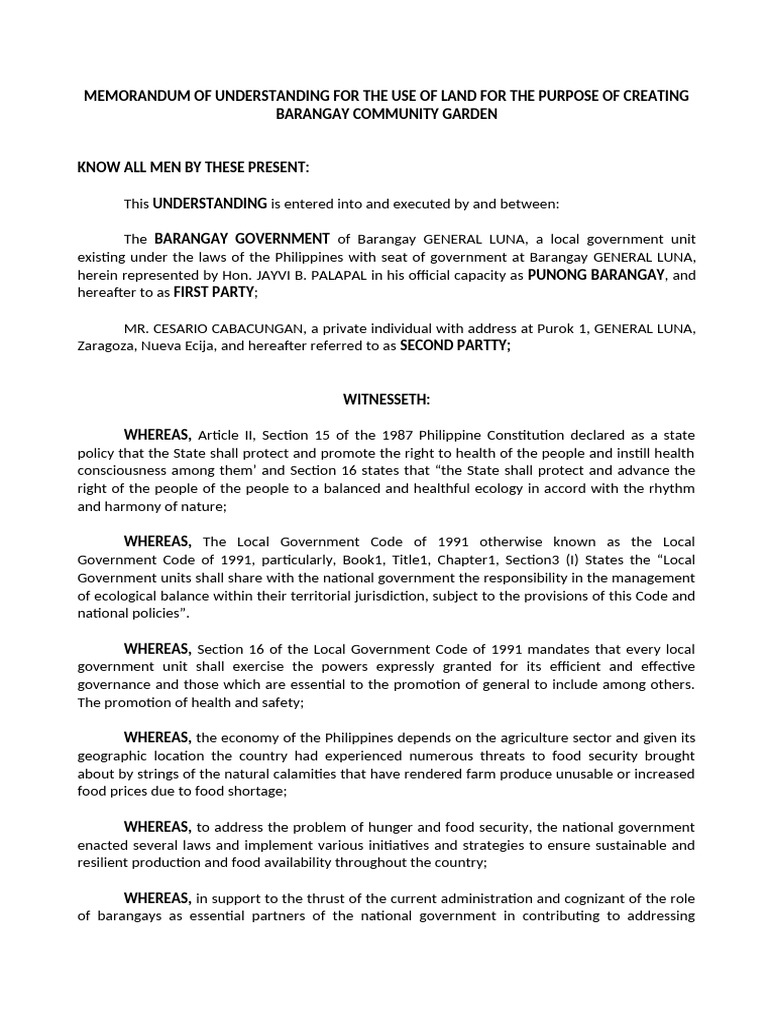 Barangay Community Garden MOU | PDF | Hydroponics | Aquaponics