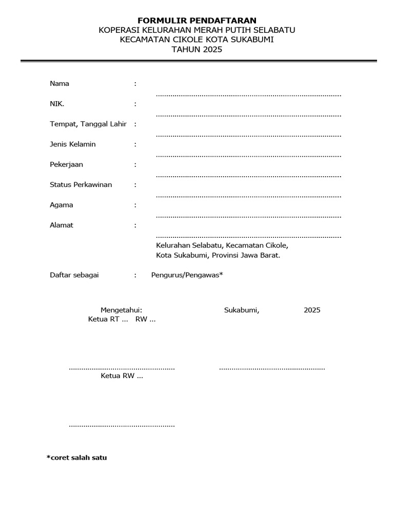 Formulir Pendaftaran Koperasi Merah Putih Kelurahan Selabatu | PDF