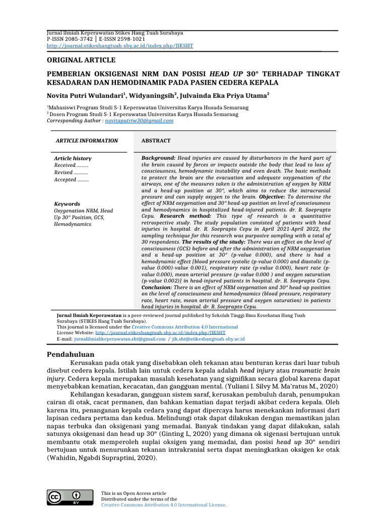 Pemberian Oksigenasi NRM Dan Posisi Head Up 30° Terhadap Tingkat Kesadaran Dan Hemodinamik Pada ...