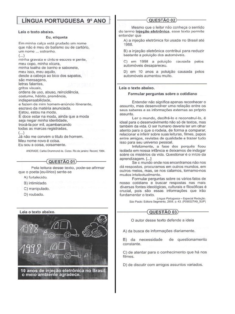 2a Prova Diagnostica Port. 9o Ano 2011 PDF | PDF