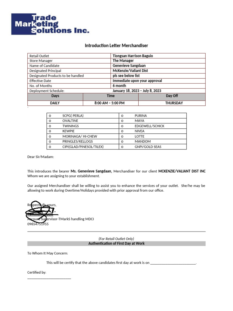 Introduction Letter for Merchandiser Genevieve | PDF