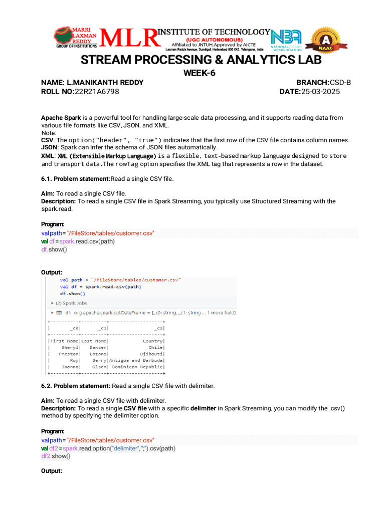 Stream Processing & Analytics Lab: WEEK-6 | PDF | Comma Separated Values | Data Management