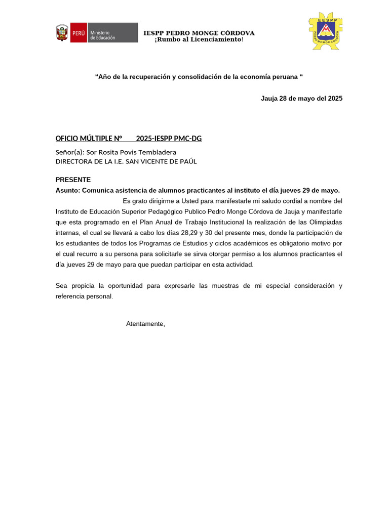 Oficio de Permiso A Las Practicas 2 | PDF