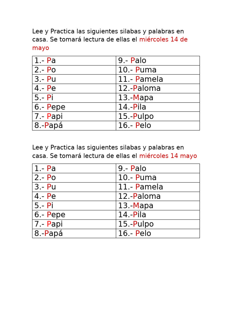 Lectura 5 Palabras Con P | PDF