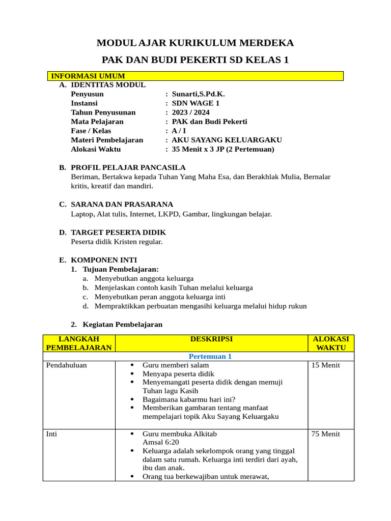 Modul Ajar Kurmer KL 1 Genap 2024 | PDF