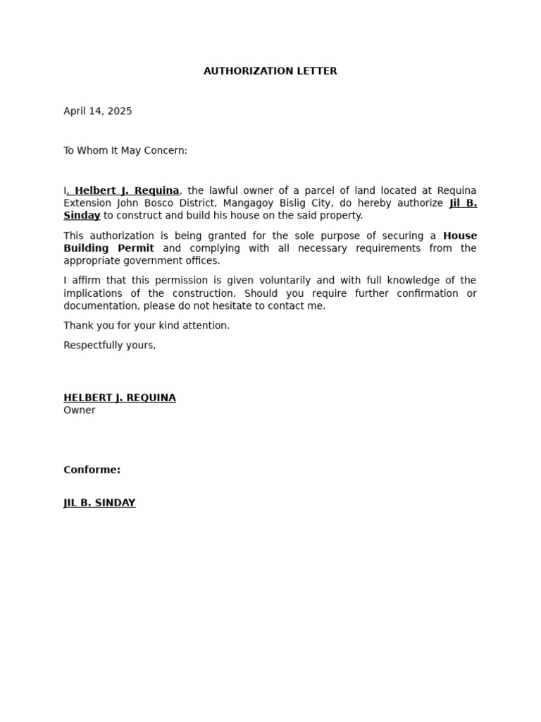 Authorization Letter for House Construction | PDF