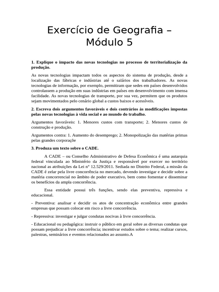 Exercício de Geografia - módulo 5 | PDF