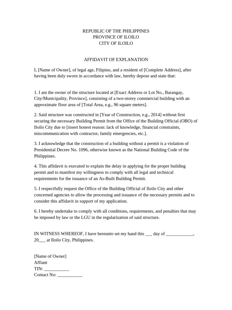 Iloilo Building Permit Affidavit Template | PDF