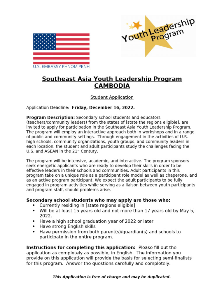 SEAYLP Student Application 2023 2 | PDF | Leadership | Teachers