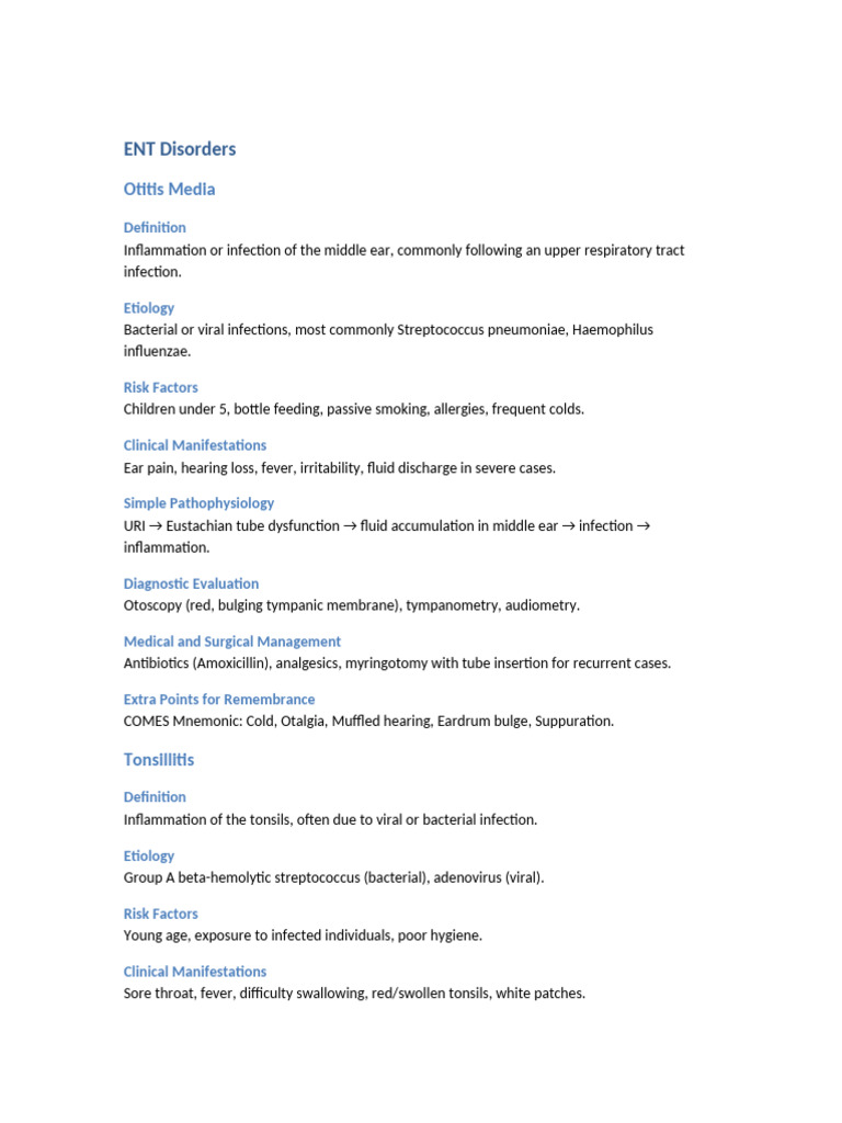 Completed ENT Disorders Cheat Sheet | PDF
