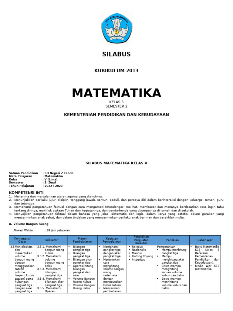 Silabus Matematika Kelas 5 Sem 2 | PDF
