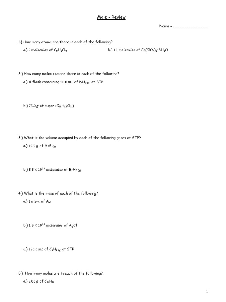 Worksheet - Mol - Mole Review | PDF | Mole (Unit) | Molecules