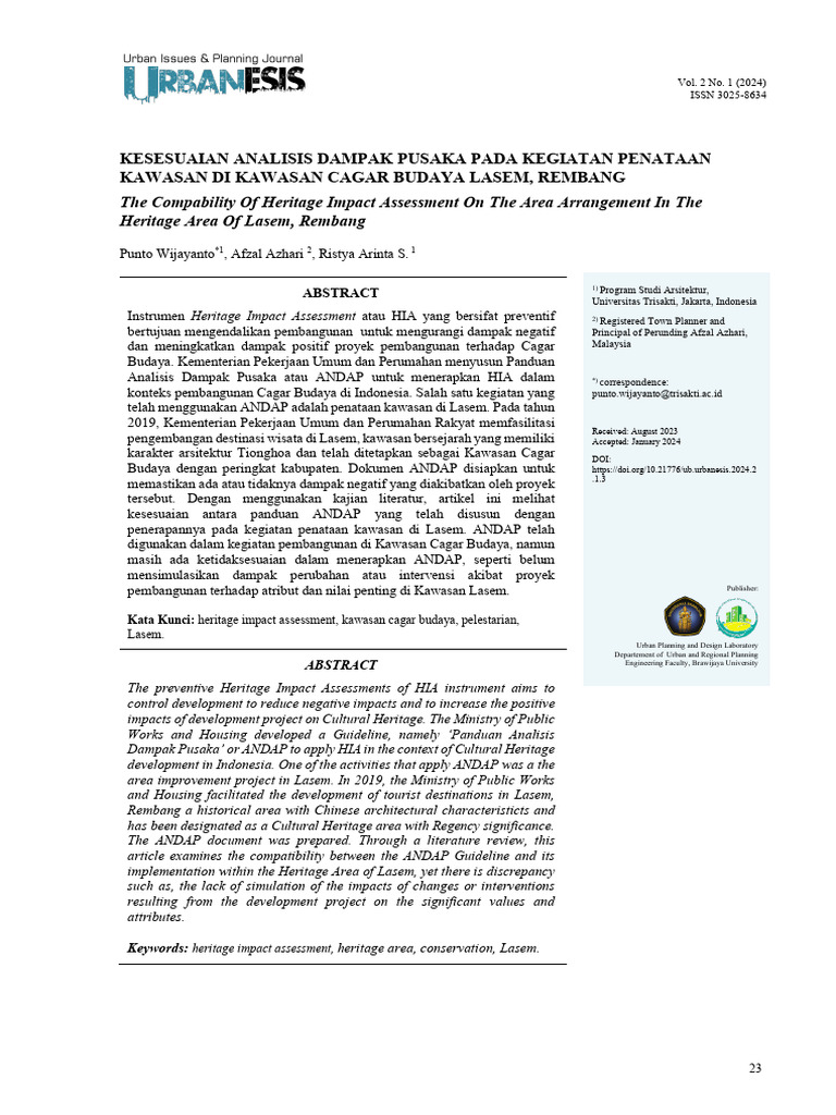 Kesesuaian Analisis Dampak Pusaka Pada Kegiatan Penataan Kawasan Di Kawasan Cagar Budaya Lasem ...