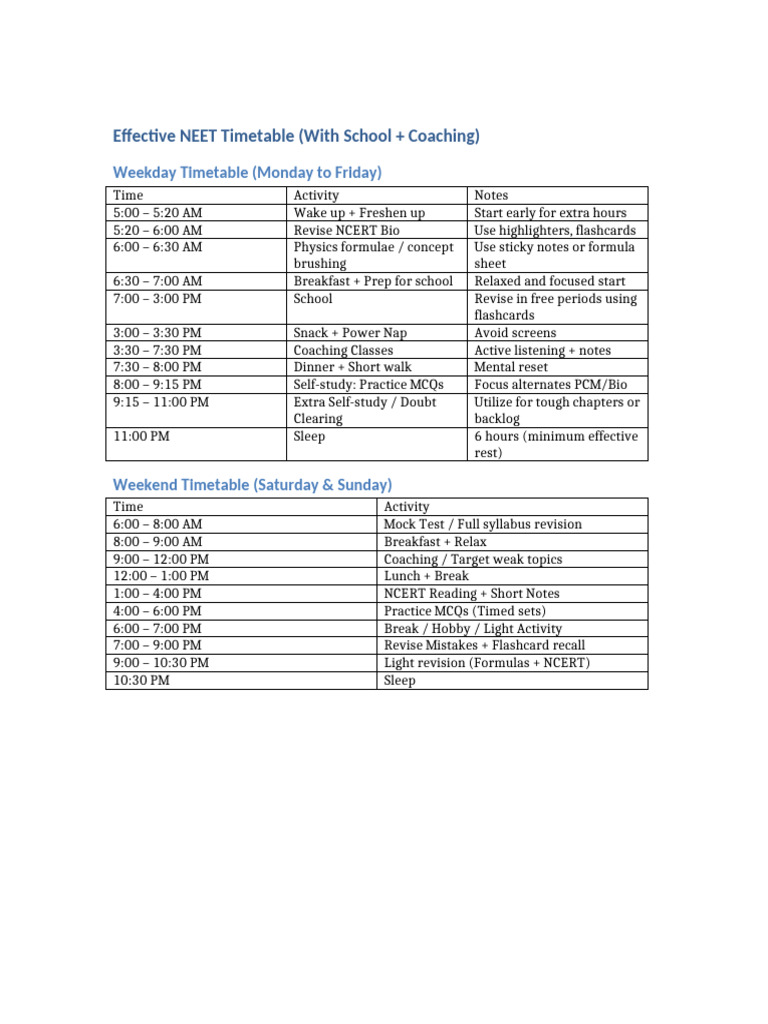 NEET Timetable 6hrsleep | PDF