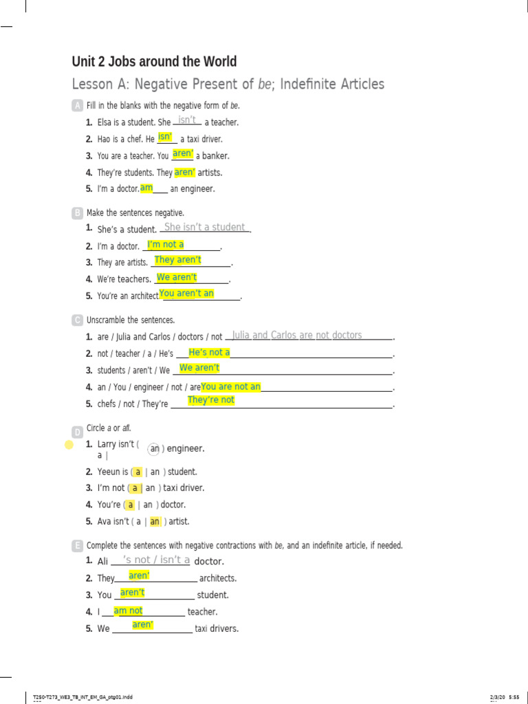 Negative Forms and Articles Practice | PDF