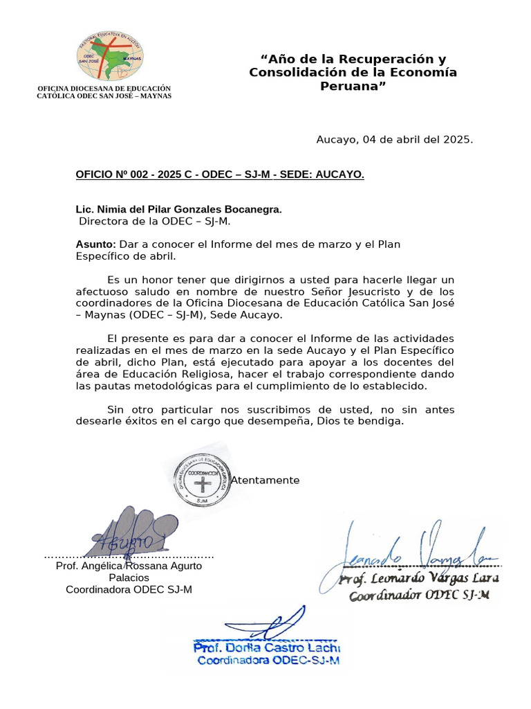 Oficio 02 Informe Marzo y Plan Específico Abril - Zona Aucayo | PDF