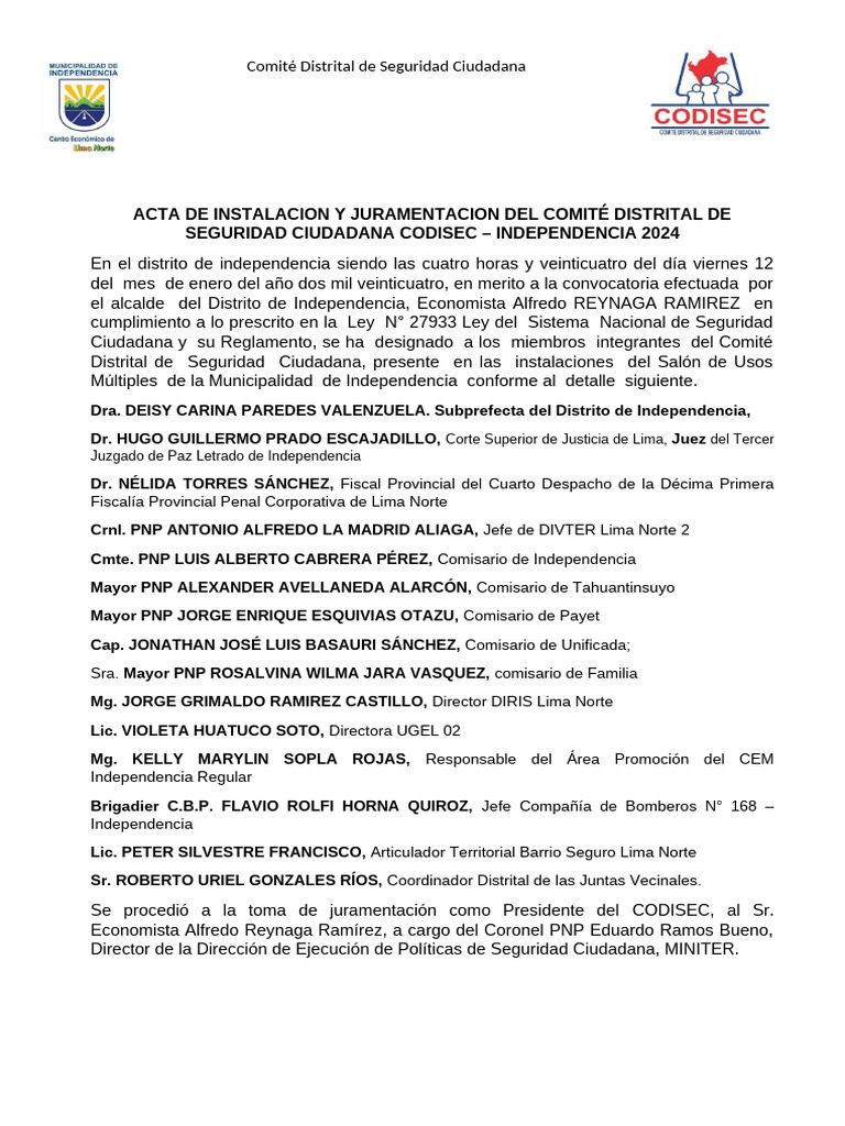 Acta de Instalacion y Juramentacion Codisec 2024 | PDF | Justicia | Crimen y violencia
