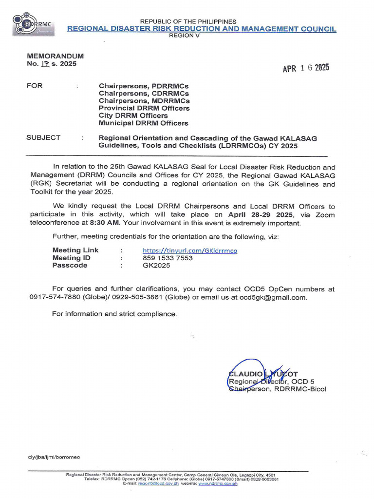 RDRRMC Memo No. 17 s. 2025 Regional Orientation on Gawad KALASAG for ...