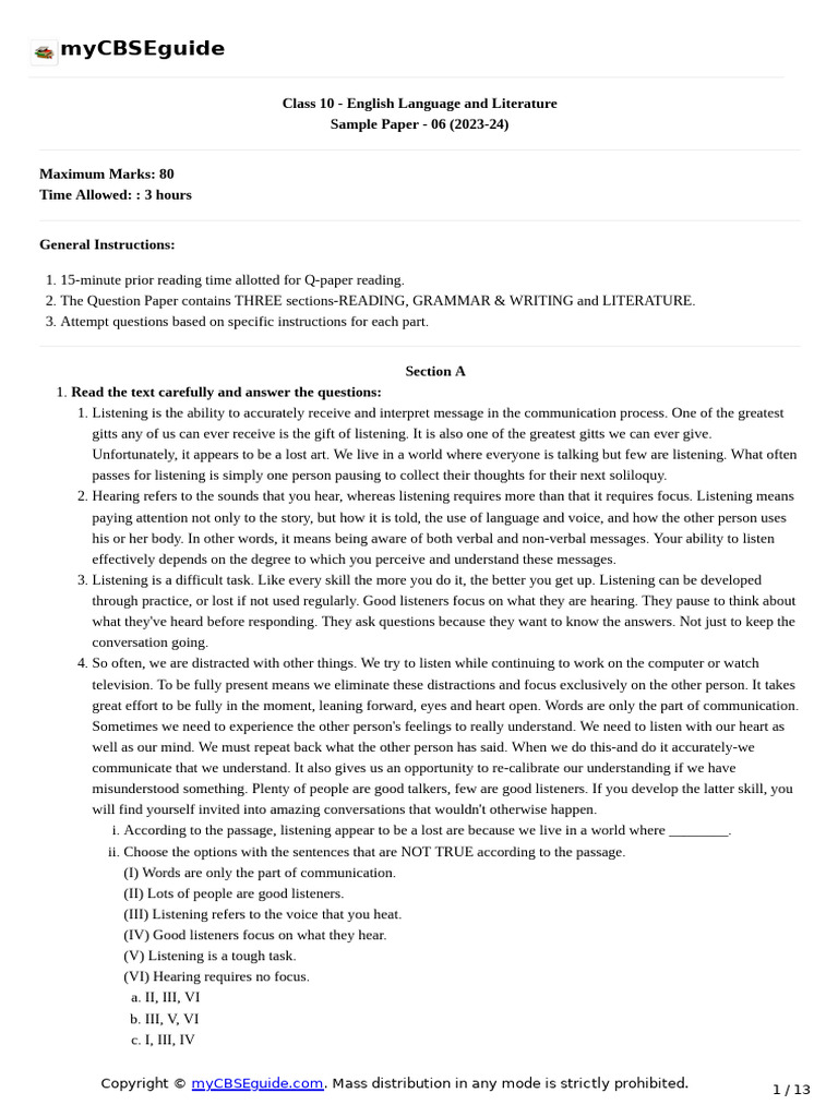 Sample Papers in English: 10th Standard | PDF | Nonverbal Communication