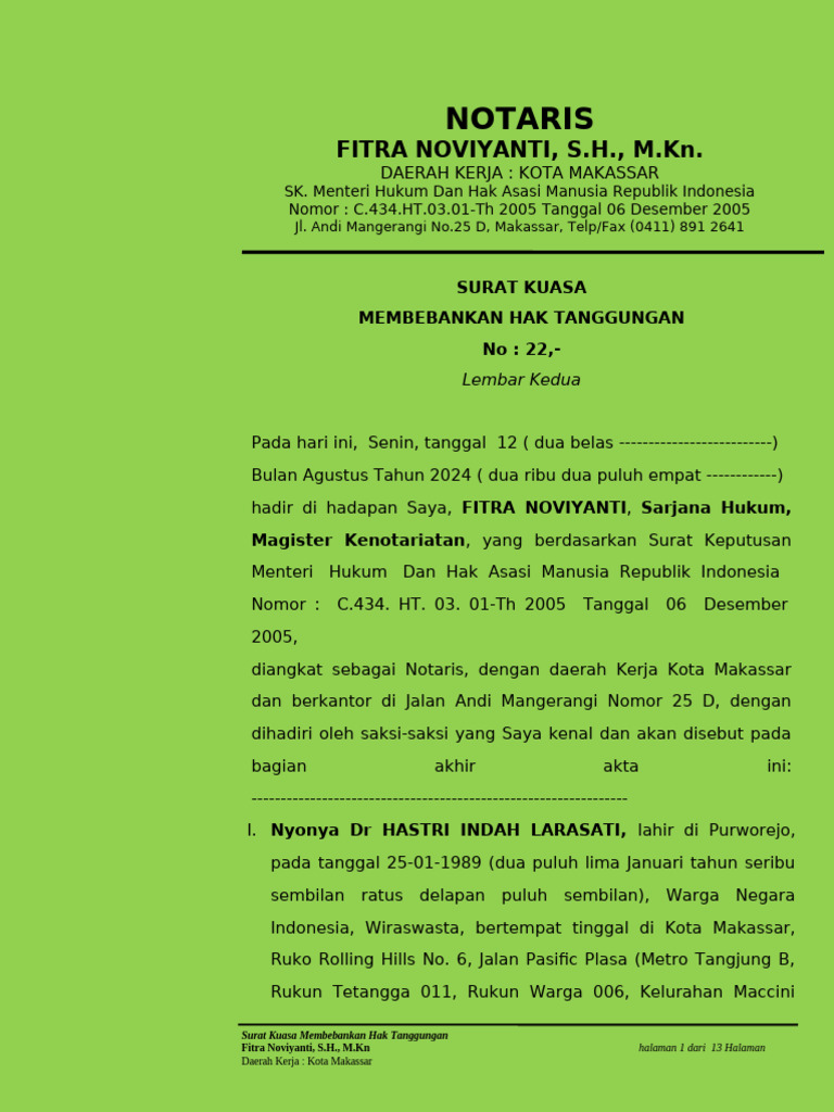 Surat Kuasa Notaris Fitra Noviyanti | PDF