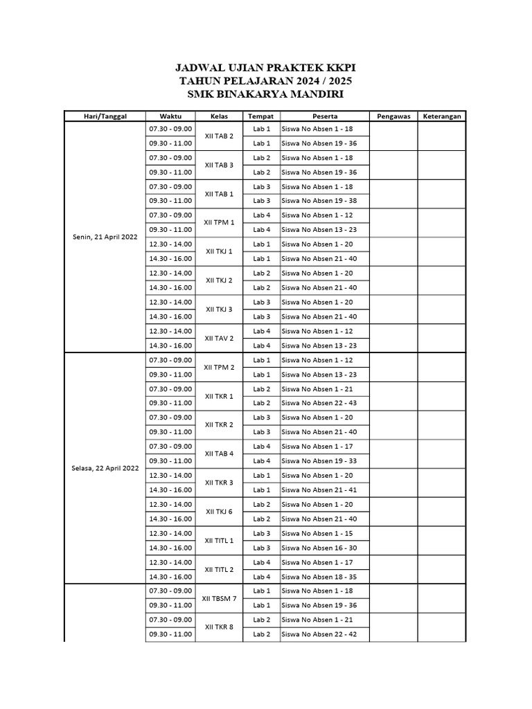 Jadwal Ujian Praktek KKPI 2425 | PDF