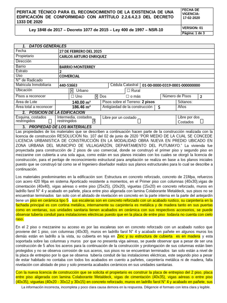 Formulario de Peritaje Estructural | PDF | Hormigón | Fundación (Ingeniería)