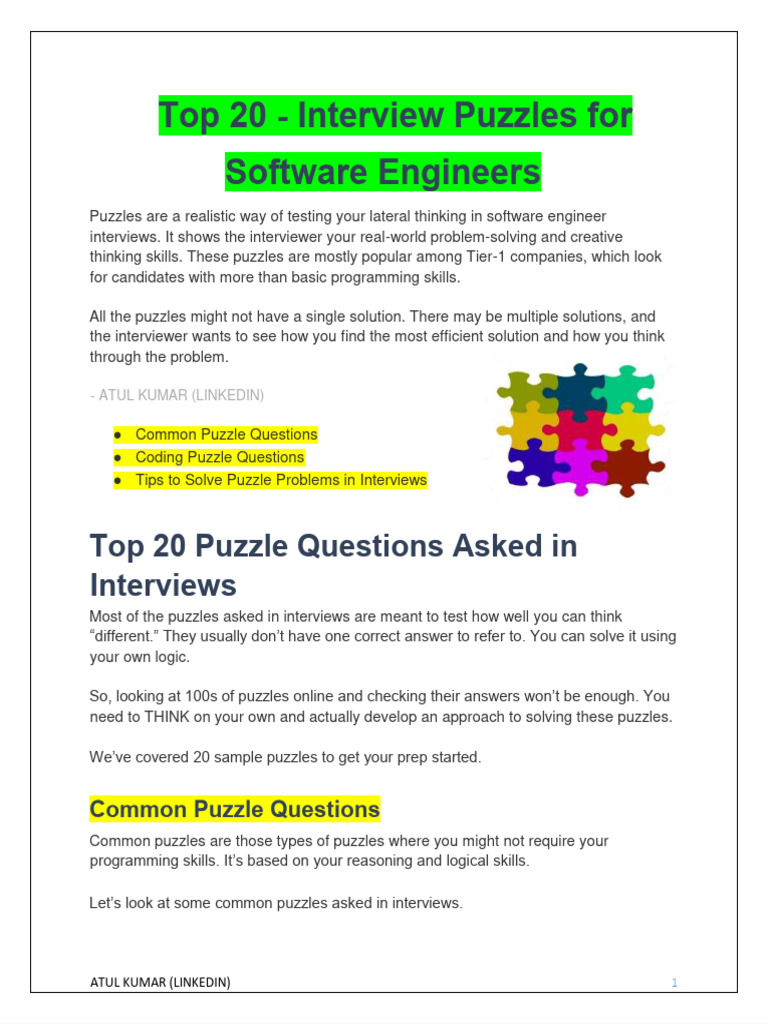 Top 20 Puzzles for Software Interviews | PDF