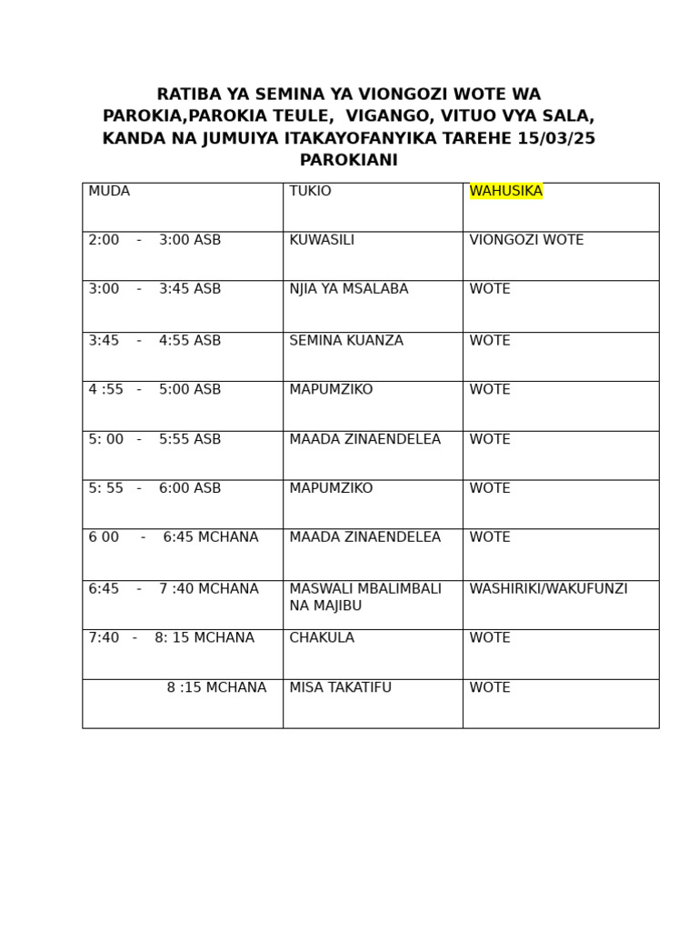 Ratiba Ya Semina Ya Viongozi Wote Waparokia 1 | PDF