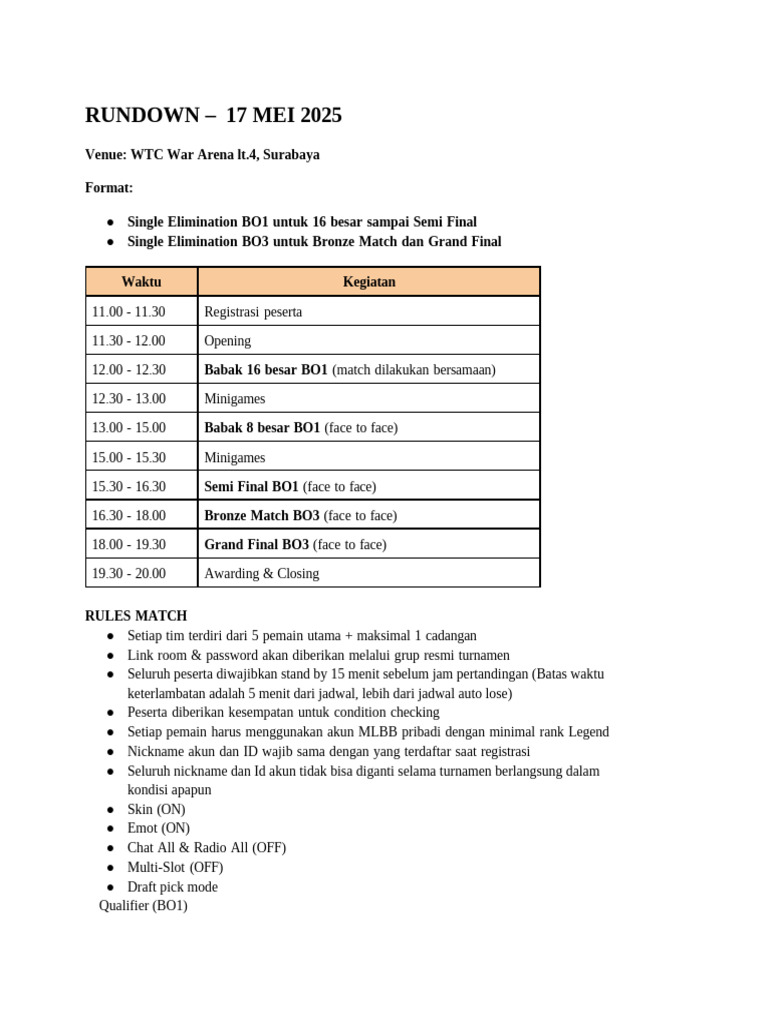Rundown & Jadwal Match 16 Besar MLBB Legend Arise[1] | PDF