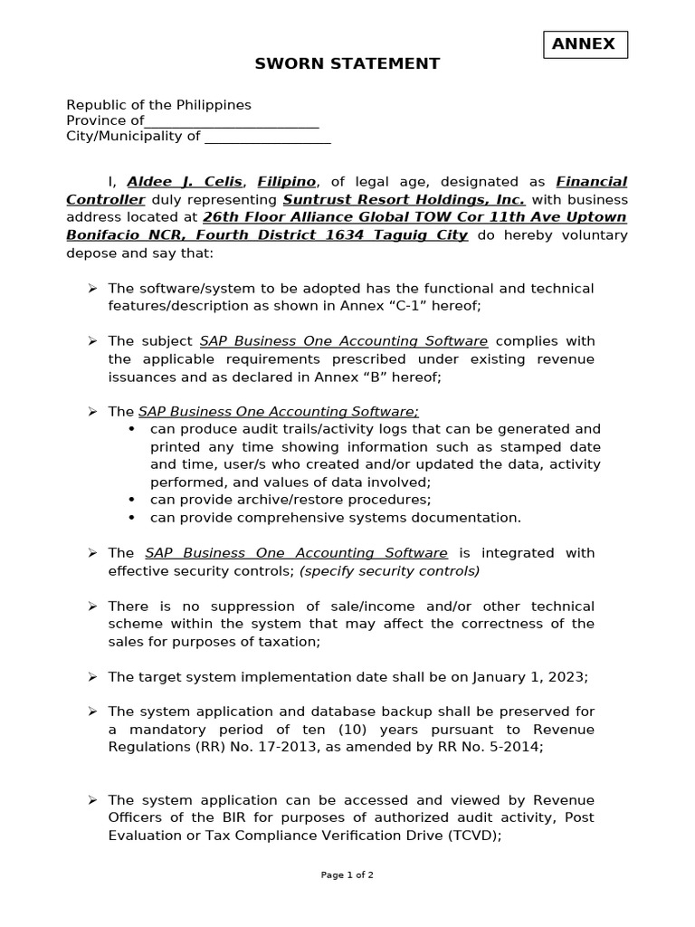 Annex C - Sworn Statement | PDF | Business