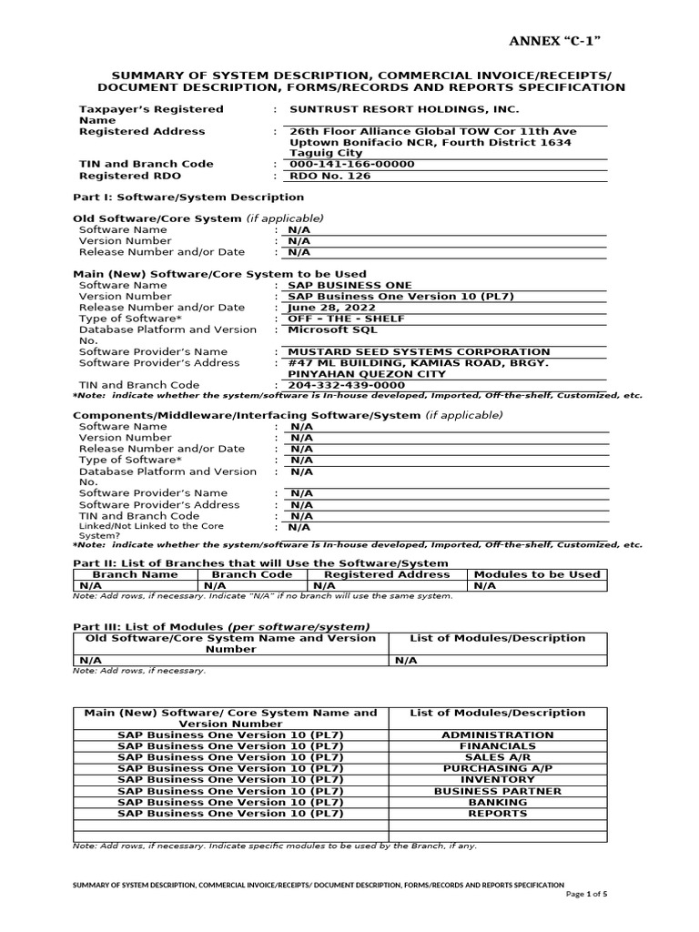 Annex C-1 - Summary of System Description | PDF | Debits And Credits | Computing