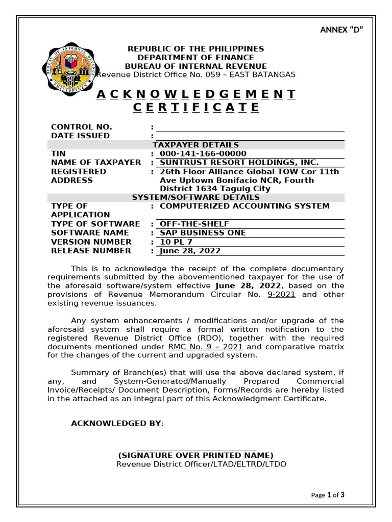 7. Annex D_Acknowledgment Certificate_with Attachment | PDF | Receipt | Voucher