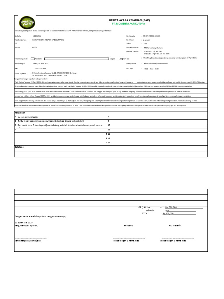 Form BAK Amazing Farm NOPOL B 9941 FXU 20 Mei 2025 Revisiii | PDF