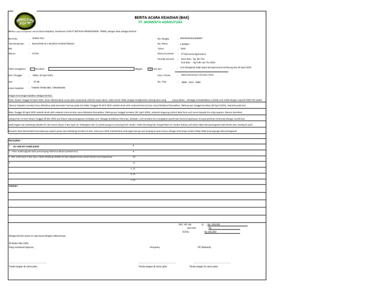 Form BAK Amazing Farm NOPOL B 9941 FXU 20 Mei 2025 Revisi | PDF