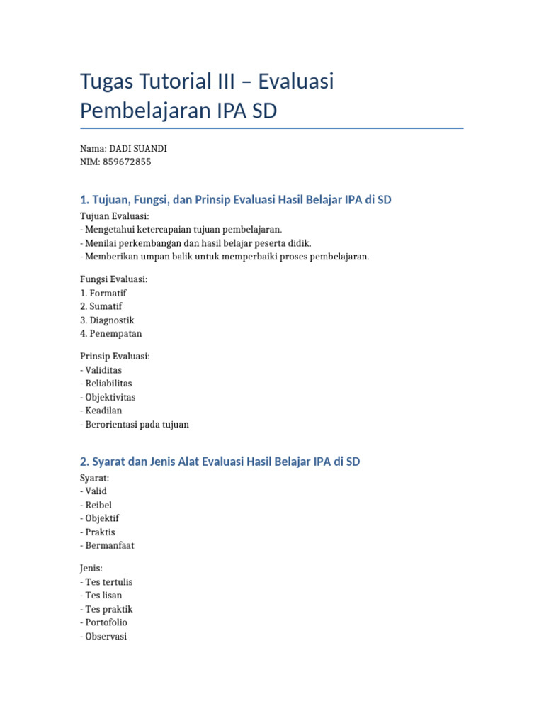 Jawaban Tugas Tutorial 3 Evaluasi IPA SD | PDF