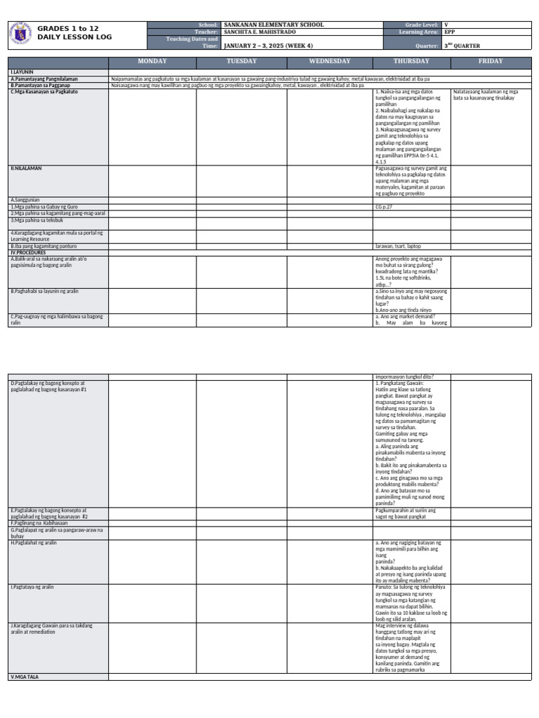 DLL - Epp 5 - Q3 - W4 | PDF | Differentiated Instruction | Pedagogy